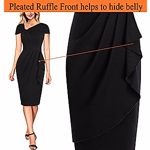 VFSHOW Womens Ruffle Cocktail Office Party Twist V Neck Vintage Church Dress 2023 Ruched Waist Business Wedding Guest Bodycon Pencil Sheath Dress (Black, X-Large) 10350C BLK XL