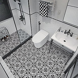 Peel and Stick Floor Tile 11.8In by 11.8In Black and White Flower Floor Tiles Self-Adhesive Removable for Bathroom/Kitchen 10 PCS