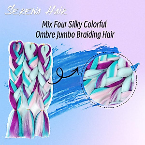 Jumbo Braiding Hair Fiber Mix Four Silky Colorful Twist Braiding Hair 3pcs Rainbow Colors Extensions Synthetic Hair Blue-Light Purple-Pink Synthetic Fiber Soft Healthy (24 Inch 3pcs)