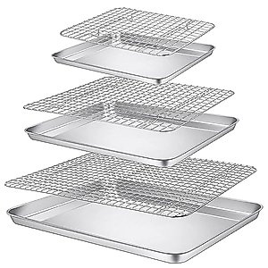 P&P CHEF Baking Sheet and Rack Set, 6 PACK (3 Sheets + 3 Racks), 3 Sizes Stainless Steel Baking Pans Cookie Sheets with Cooling Racks for Cooking & Roasting, Oven & Dishwasher Safe, Healthy & Durable