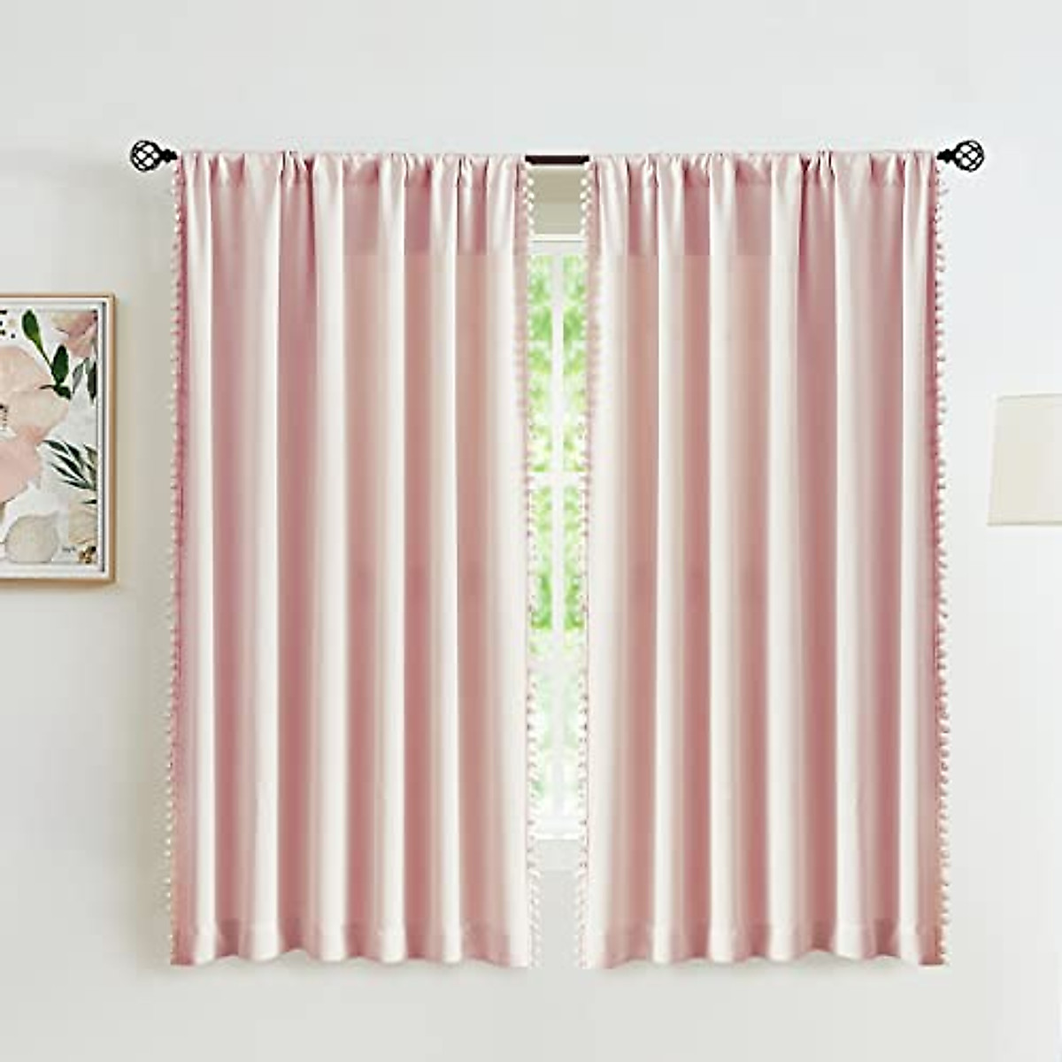 Pom Pom Curtains for Bedroom Pink Girls Room Blackout Window Drapes 63" Energy Efficient Thermal Insulated Living Room Darkening Curtain Panels 2pcs