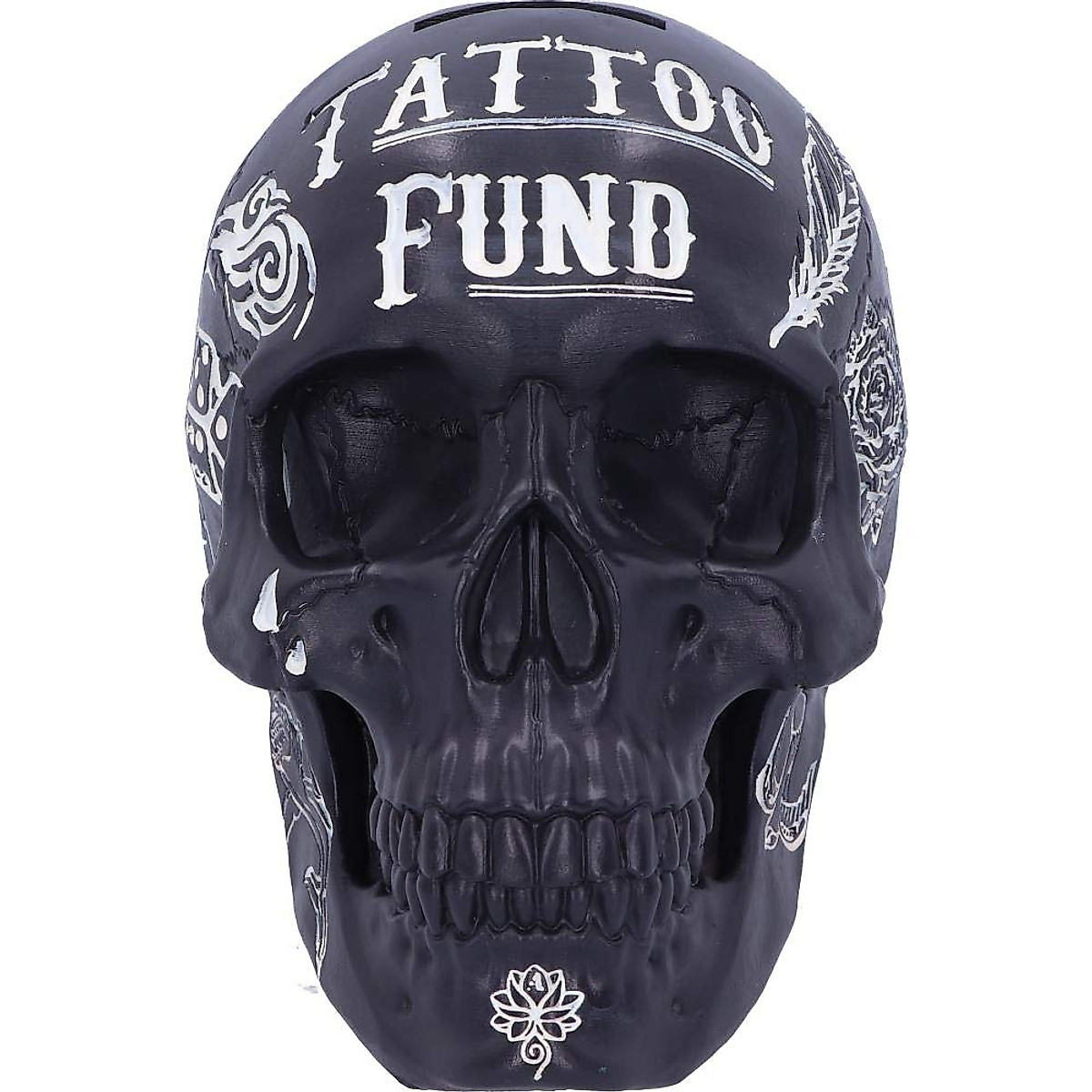 Nemesis Now Gothic Tattoo Fund Skull Money Box, Hand-Painted Resin with Traditional Tribal Illustrative Designs, Unique Savings Bank for Tattoo Enthusiasts