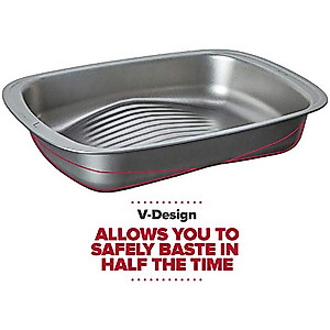 Goodcook Quick Roaster Pan and locking rack, with juice gathering pools for easier, safer, faster basting, 17x12x3 inches, Grey