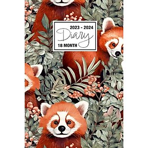 2023 - 2024: 18 Month Diary A5 Week to View on 2 Pages Weekly Journal Agenda WO2P Planner Jul 23 to Dec 24 Horizontal With Moon Phases, UK & US ... Red Panda Watercolour Nature Leaves Design