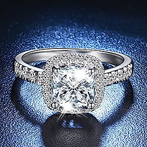 18K White Gold Plated 2CT Zircon Diamond Ring for Women Sterling Silver Jewelry Halo Cushion Ring