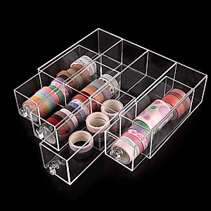 HomDSim 4 Drawers Clear Washi Tape Box Organizer Storage,Divider Closet Container,Holder Storage for Masking Tape Desktop Tape DIY Sticker Roll Tape,for Storing Pens, Erasers,Tape,Push Pins,Pencils