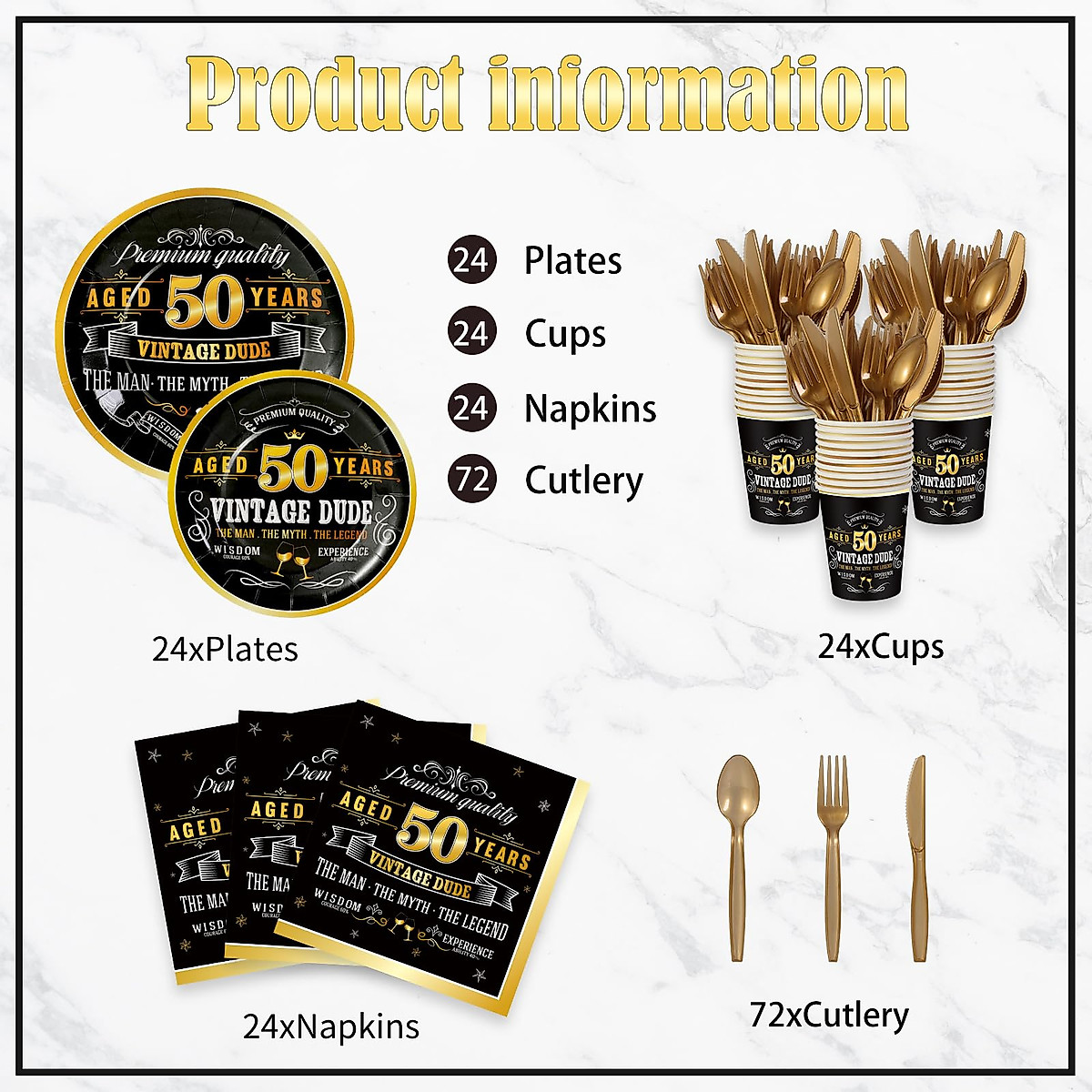 168 Pcs Vintage 50th Party Tableware Set, Black Gold Vintage Happy 50 Birthday Tablecloth 24 Guests Dinner Plates Dessert Plate Cup and Napkins for Men Cheers 50th Theme Birthday Party Supplies