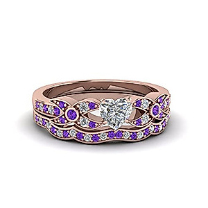 CustomizedGifts Flower Pave Diamond Wedding Ring Set rose gold plated Natural Amethyst Heart shape purple color Wedding Ring Sets bezel Setting in Size 7 Party Wear Daily Wear Ornament