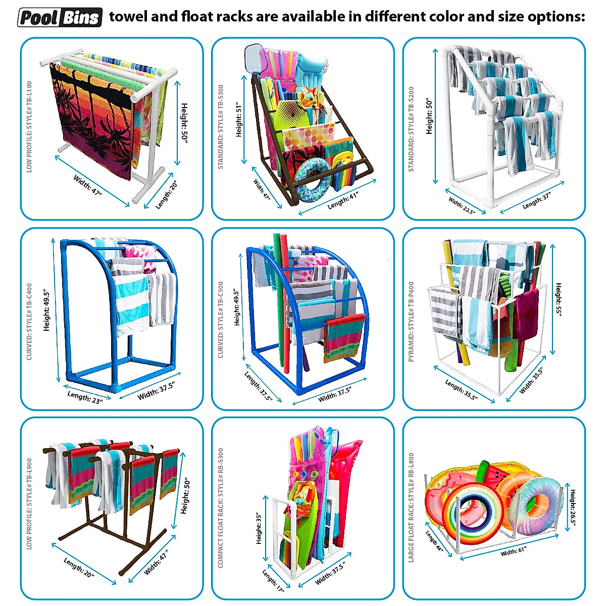 Pool Bins 5 Bar Curved Towel Rack - Free Standing Poolside Storage Organizer - Also Stores Floats, Paddles and Noodles, (23" L x 37.5" W x 49.5 H), White