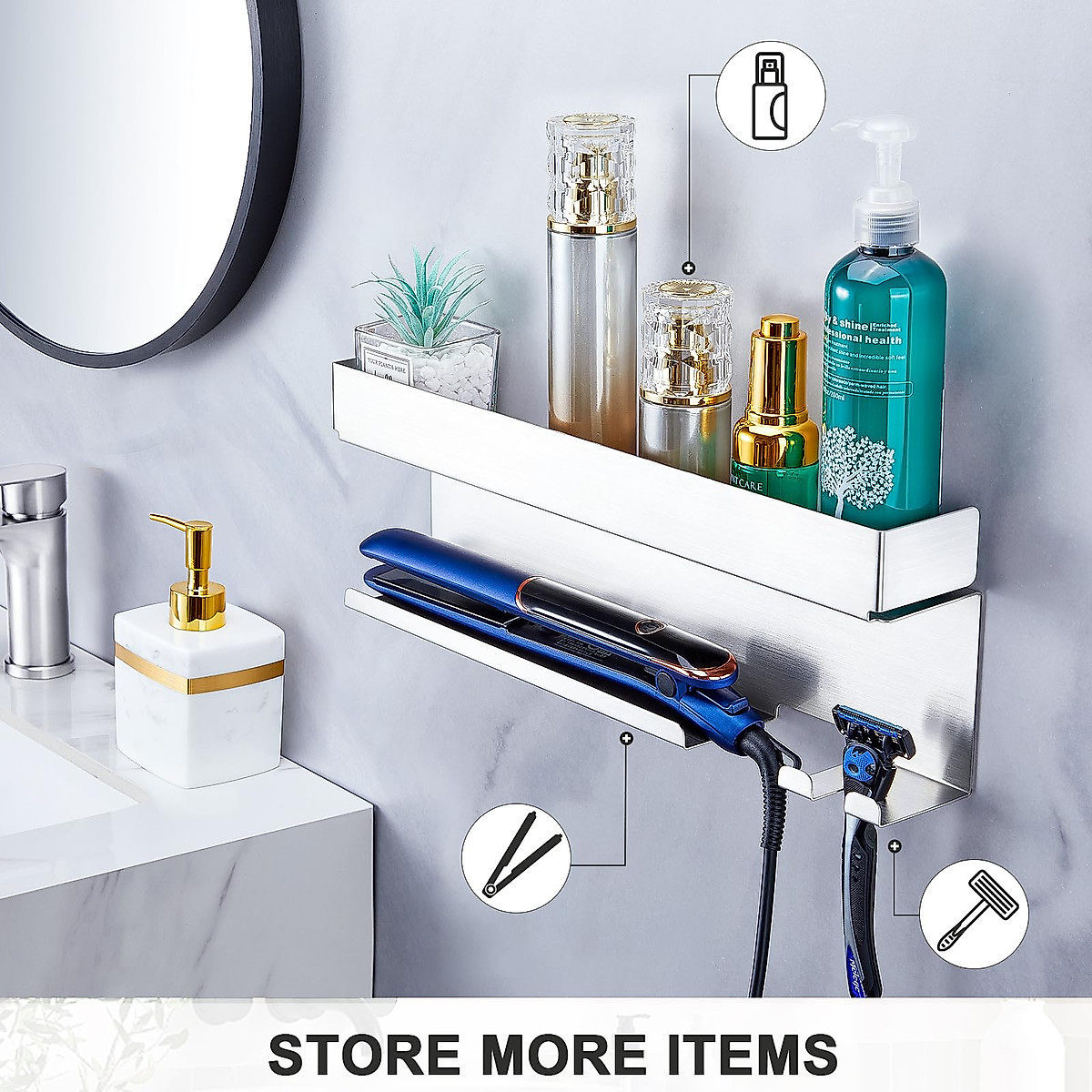 YAYINLI Blow Dryer Holder Wall Mounted Hair Dryer Holder, Blow Dryer and Curling Iron Holder for 7 in 1 Styler Attachments, Stainless Steel Straightener Holder, Bathroom Hair Tools Organizer Storage