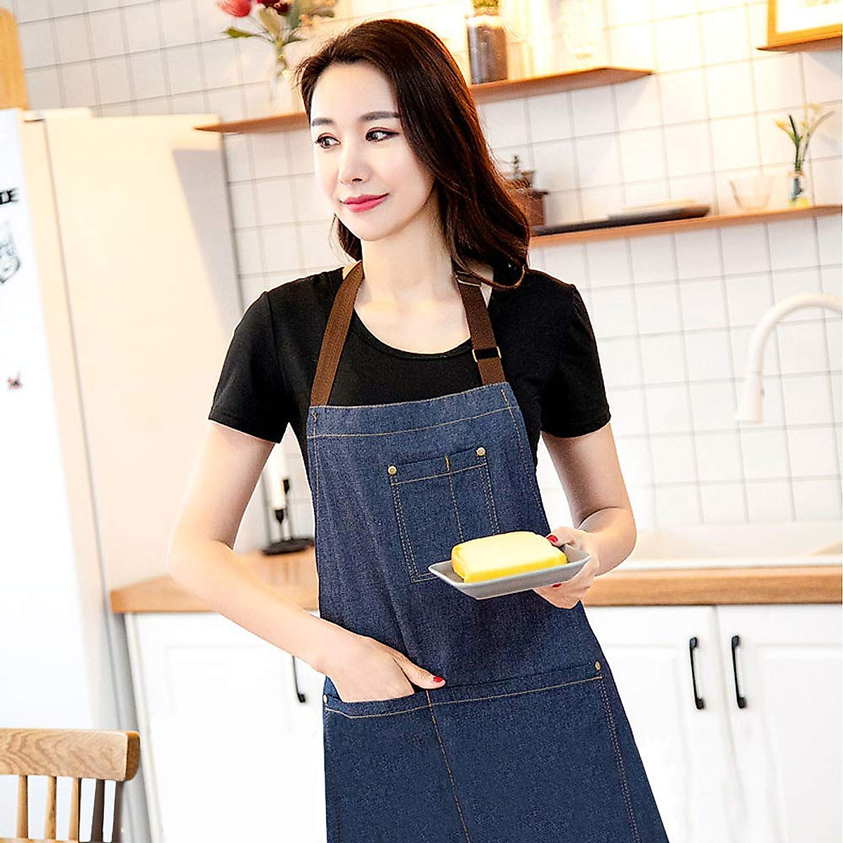WOWSEA Denim Aprons - Lightweight, Ultra-thin portable Apron for Work, Play, Cooking Multifunctional Aprons, Adjustable Shoulder Strap Lengths for Petite Ladies or Teenagers (Blue)