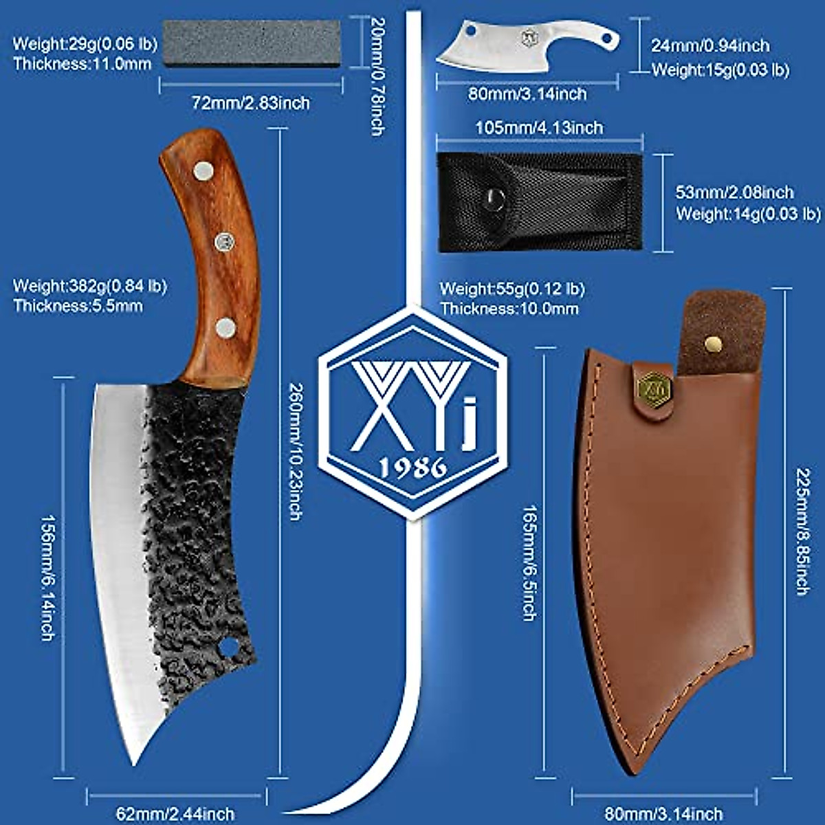 XYJ Full Tang 6.7 Inch Forging Butcher Knife 6.2 Inch Tactical Kitchen Knives 6 Inch Boning Knife With Leather Sheath For Meat Fish Vegetable Cutting Tools
