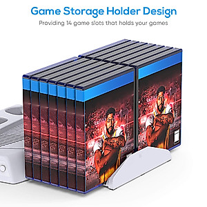 MENEEA Vertical Stand for PS5 Digital Edition/Ultra HD with Dual Controller Charging Station & Suction Cooling Fan & 14 Retractable Game Slots, for PS5 Gaming Accessories for PS5 Console