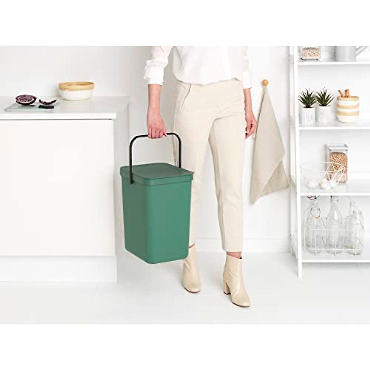 Brabantia Sort & Go Kitchen Recycling / Garbage Trash Can (6.6 Gal / Fir Green) Stackable Refuse Organiser with Handle & Removable Lid, Easy Clean, PerfectFit Bags Included