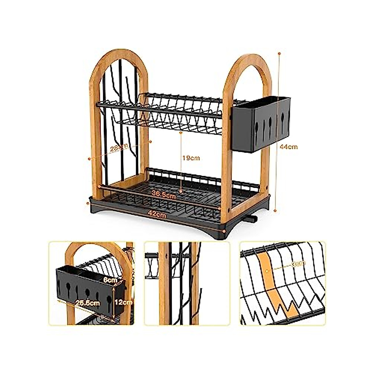 MENGK Efficient and Stylish 2-Tier Drying Dish Rack with Drain Board Set - Organize Your Kitchen Counter and Keep Dishes Neatly Arranged - Metal Black Design