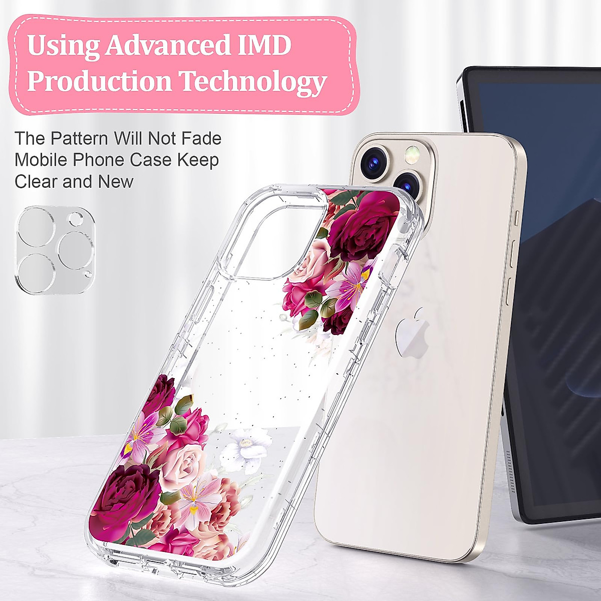 ACKETBOX for iPhone 13 Pro Max Case,with Screen Protector & Camera Lens Protector+Ring Bracket,Floral Phone Cover Designed for iPhone 13 Pro Max(Big Red Flower 01)