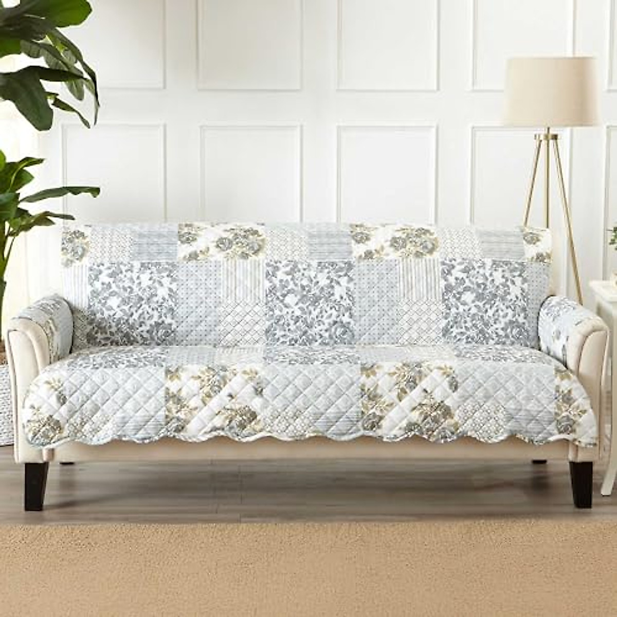 Patchwork Scalloped Printed Furniture Protector Stain Resistant Sofa Cover (Sofa, Grey)