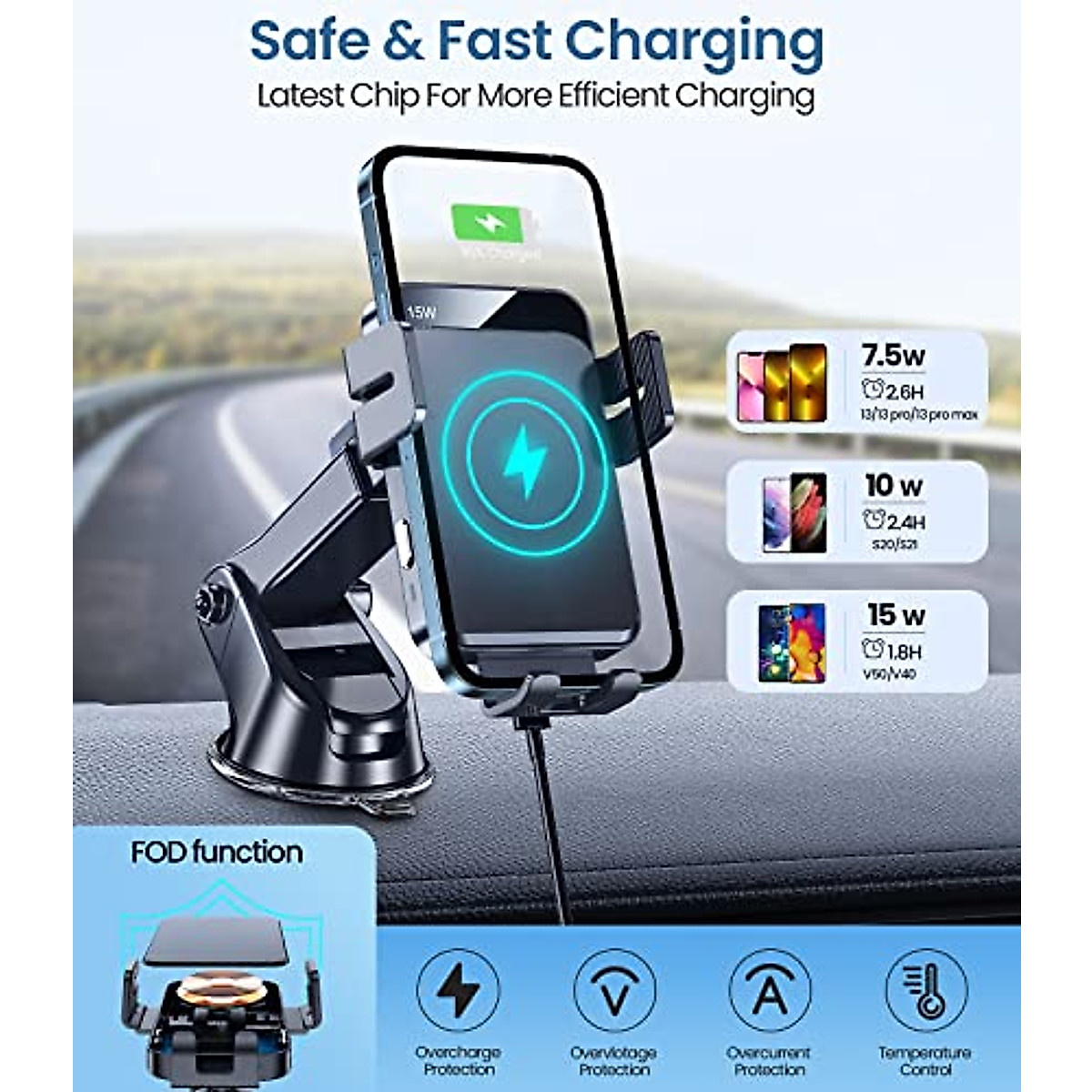 Wireless Car Charger, MOKPR 3 in1 Long arm Car Mount, 15W Auto Clamping Car Charger Dash Windshield Air Vent Phone Holder Compatible with iPhone 15/14/13/13 Pro/12 pro/12/11/X, Samsung S23/S22/S21,etc