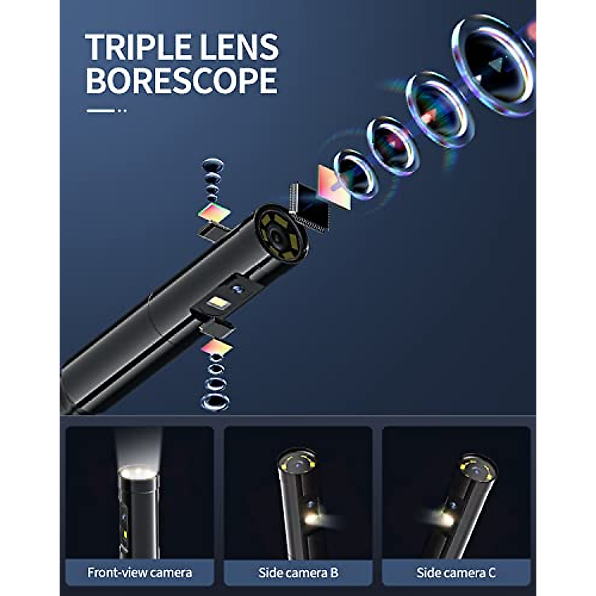 Triple Lens Borescope Inspection Camera, Teslong Professional Endoscope with Light, Digital Video Scope Camera, 5" IPS Screen, Waterproof Flexible Cable for Automotive/Home/Wall/Pipe/Car (16.4ft)