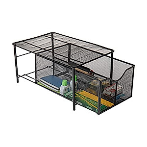 Mind Reader 'CABASKDR' Black Metal Mesh Storage Basket with Sliding Drawer and Steel Mesh Platform On Top