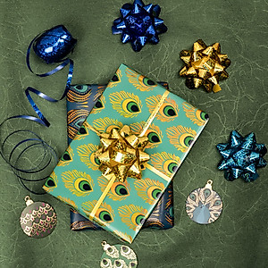 WRAPAHOLIC Peacock Christmas Wrapping Paper Roll - Green Peacock Elements Patterns with Metallic Foil Shine - 4 Rolls - 30 Inch x 120 Inch Per Roll
