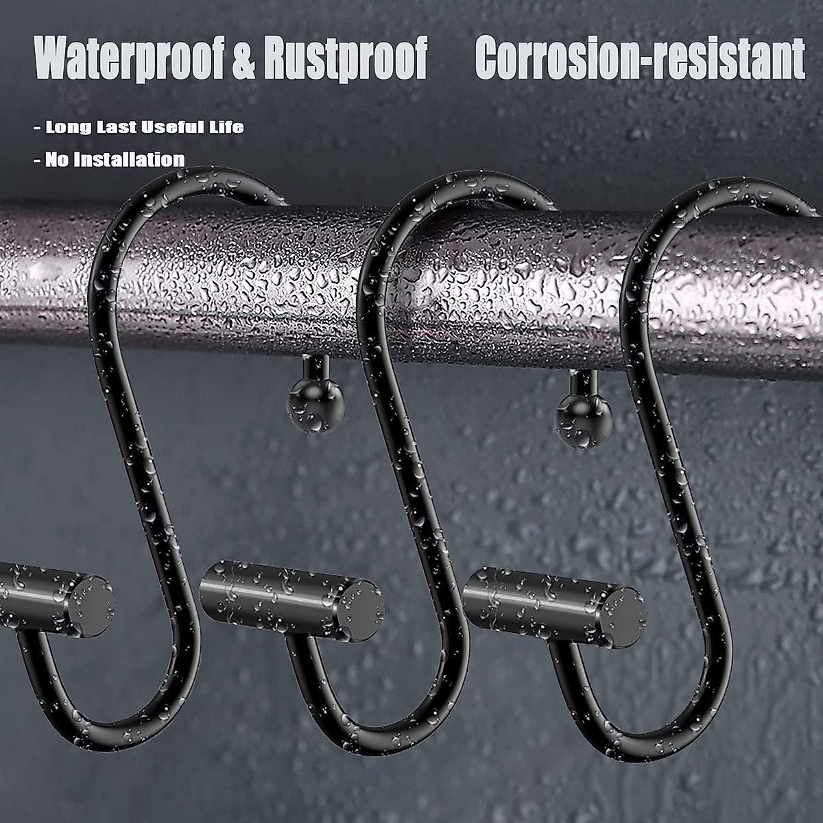 Gracelife Black Rust Resistant Metal T-Bar Shower Curtain Rings, Set of 12