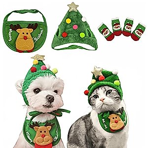 Dog Cat Christmas Outfit Hat Pet Small Dog Bib Costume 3 Pcs Christmas Santa Dog Clothes with Socks Lovely Cat Green Hats Tangcii Funny Puppy Dog Cosplay Outfits Dress Apparel Accessories Set