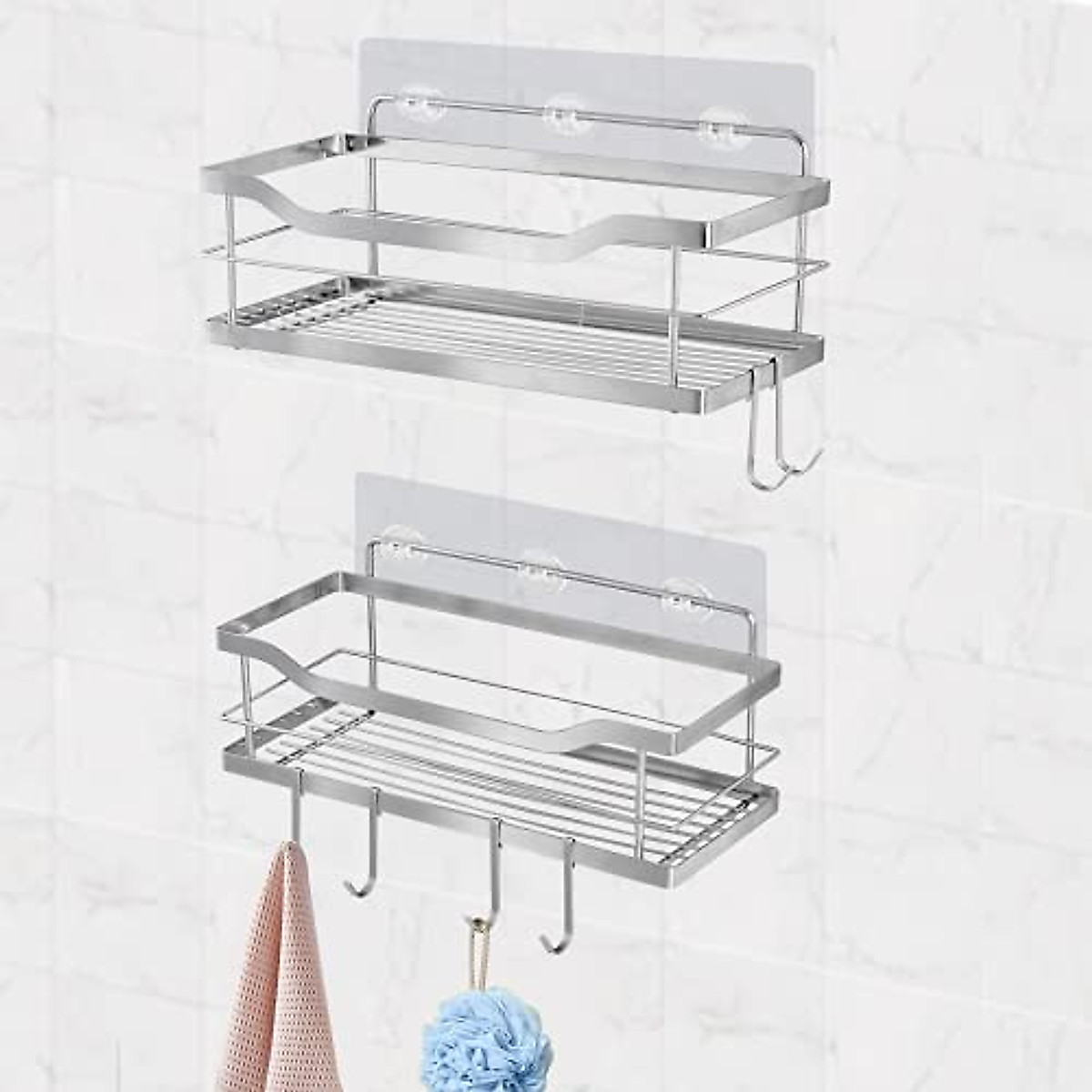 Adhesive Hanging Shower Caddy Organizer Shelf for Inside Shower with 6 Movable Hooks, 304 Stainless Steel, Wall Mount No Drilling, Spice Rack for Kitchen Storage -Silver, 2-Pack