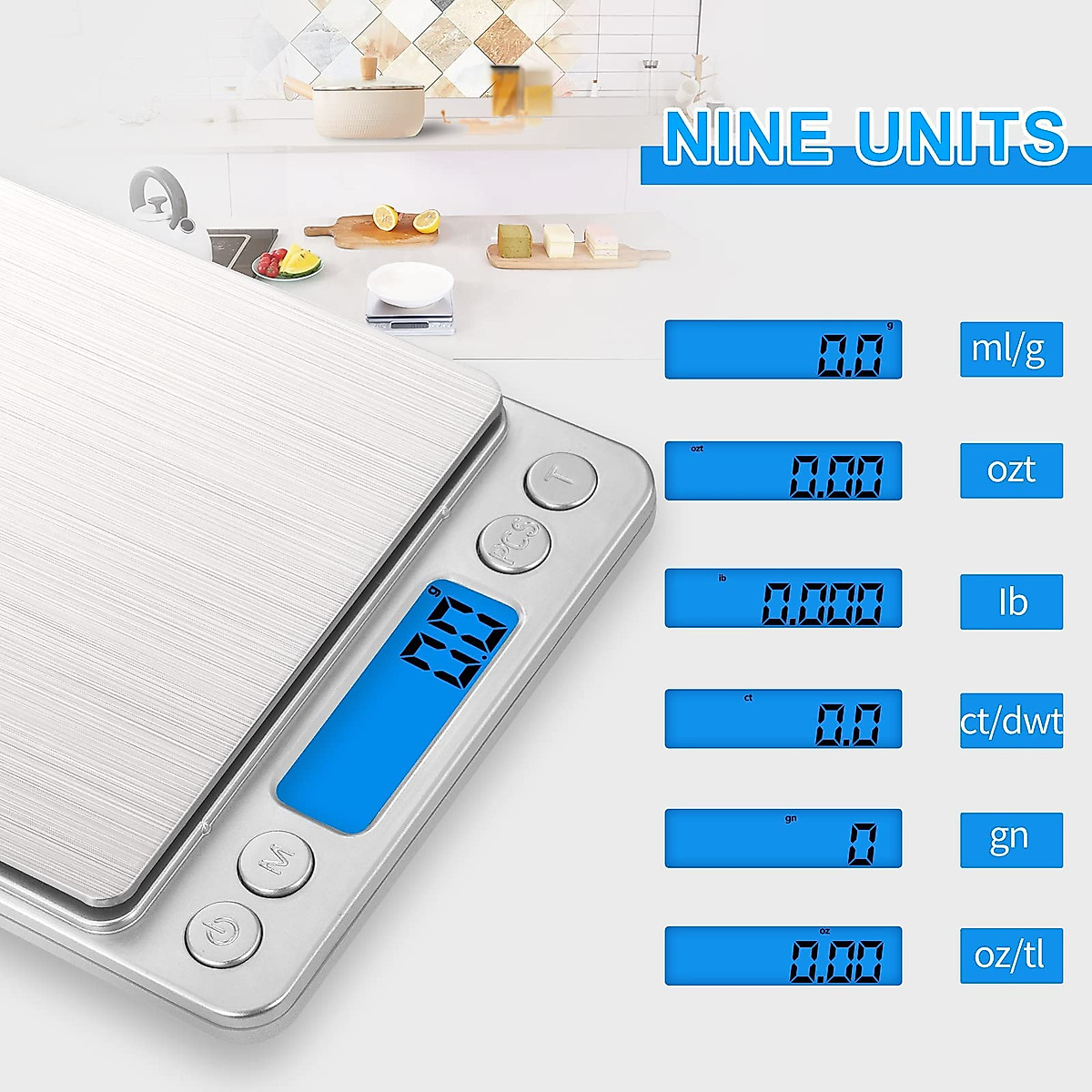Yoncon Small Digital Food Scale Ounce/OZ and Gram Scale, Kitchen Scale 3000g/0.1g High Precision for Baking, Soap Making, Jewelry, Includes 2 Trays and Batteries, 9 Units, Tare Function, Easy to Store