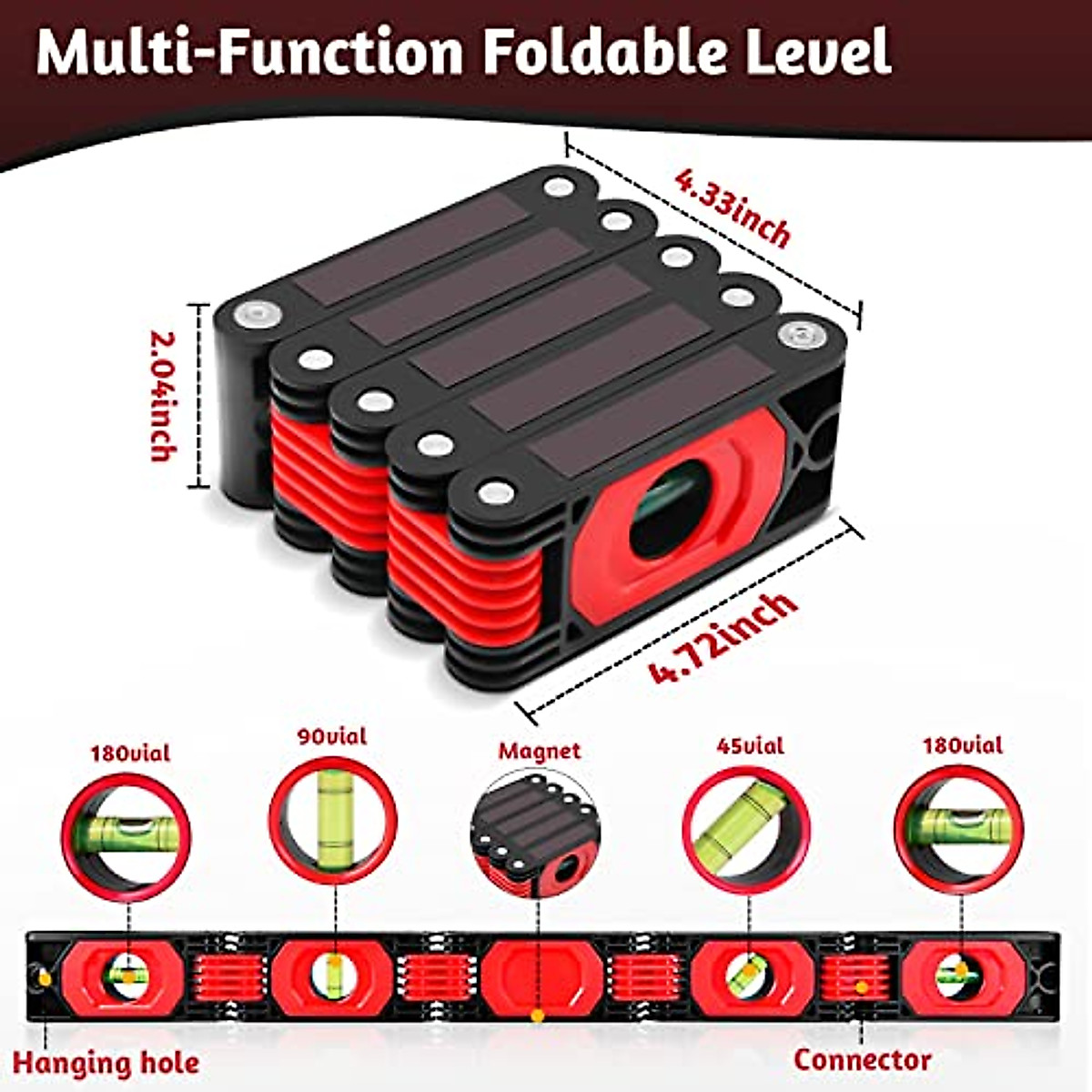 Multi-Function Foldable Level Measuring Tool,24 Inch Magnetic Level Tool with 4 Easy to Read Level Bubbles,Precise Leveling Tool for Carpenters,Woodworkers,Fabricators