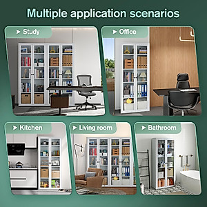 IRONMIX Display Cabinet with Glass Doors, 5-Tier Metal Storage Cabinet, Pantry Cabinet for Kitchen with Adjustable Shelves, Tall Bookshelf with Doors for Home Office (White - Glass Door)