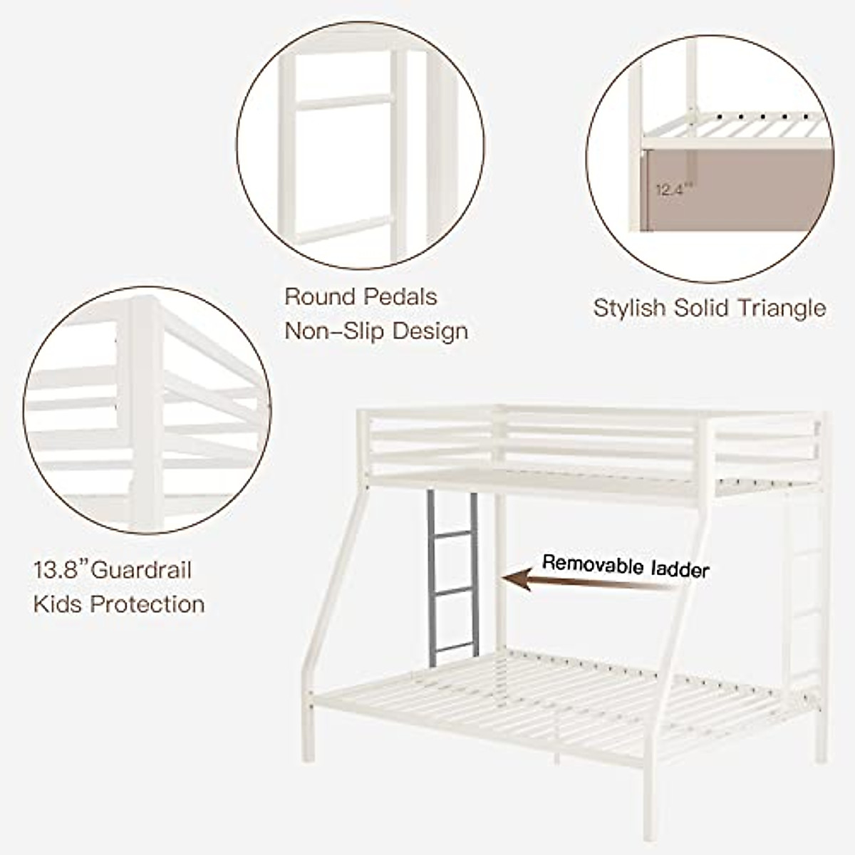 ikalido Metal Bunk Bed, Twin Over Full Size Beds with Sturdy Guard Rail & Removable Ladder, Space-Saving/Noise-Free/Matte White