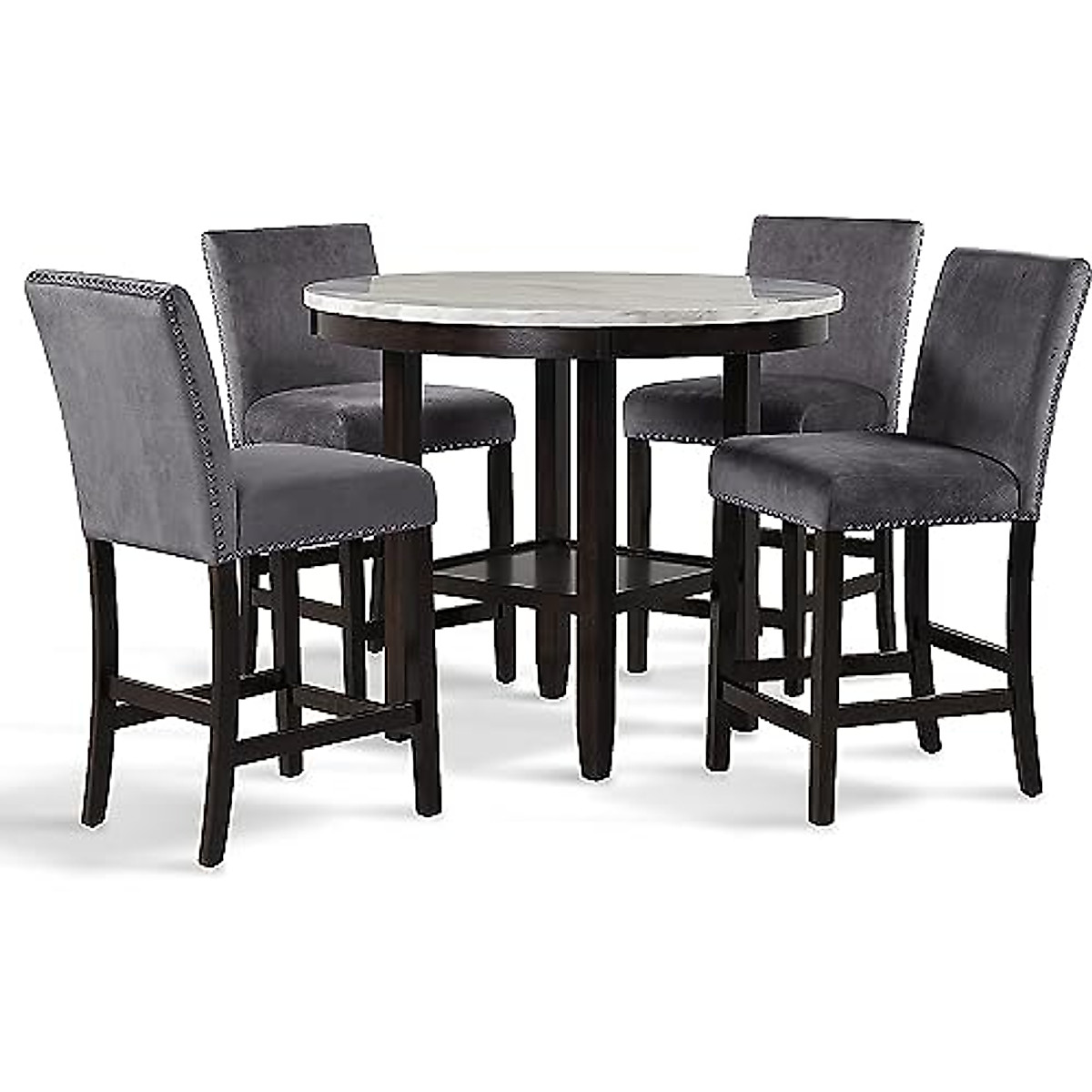 New Classic Furniture Celeste 5-Piece Faux Marble Round Counter Set with 1 Table and 4 Chairs, 42-Inch, Black