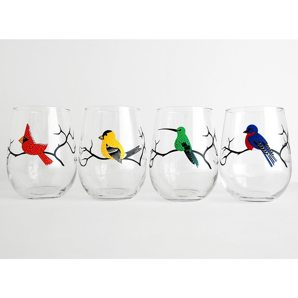 Bird Glassware Set of 4 Stemless Wine Glasses, Cardinal, Bluebird, Yellow Finch, Hummingbird Glass Collection