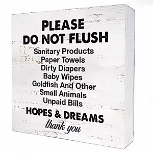Funny Bathroom Wooden Box Sign Desk Decor Please Do Not Flush Sanitary Products Wood Block Plaque Box Signs with Quotes Rustic Box Sign for Home Bathroom Shelf Table Decoration (5 X 5 Inch)