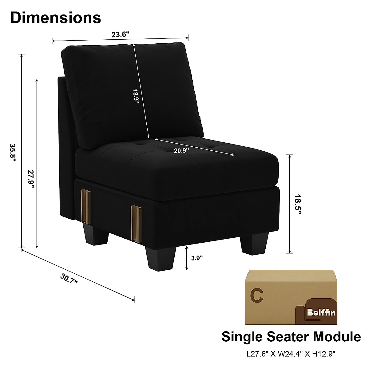 Belffin Single Seat Module for Modular Sectional Sofa Black