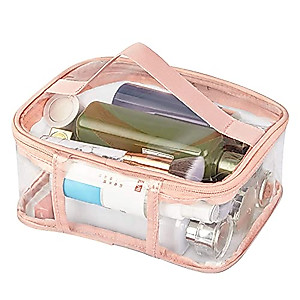 HAOGUAGUA Tsa Approved Clear Travel Toiletry Makeup Bags with Zipper and Handle Waterproof Transparent PVC Cosmetic Bag (Medium, Pink)