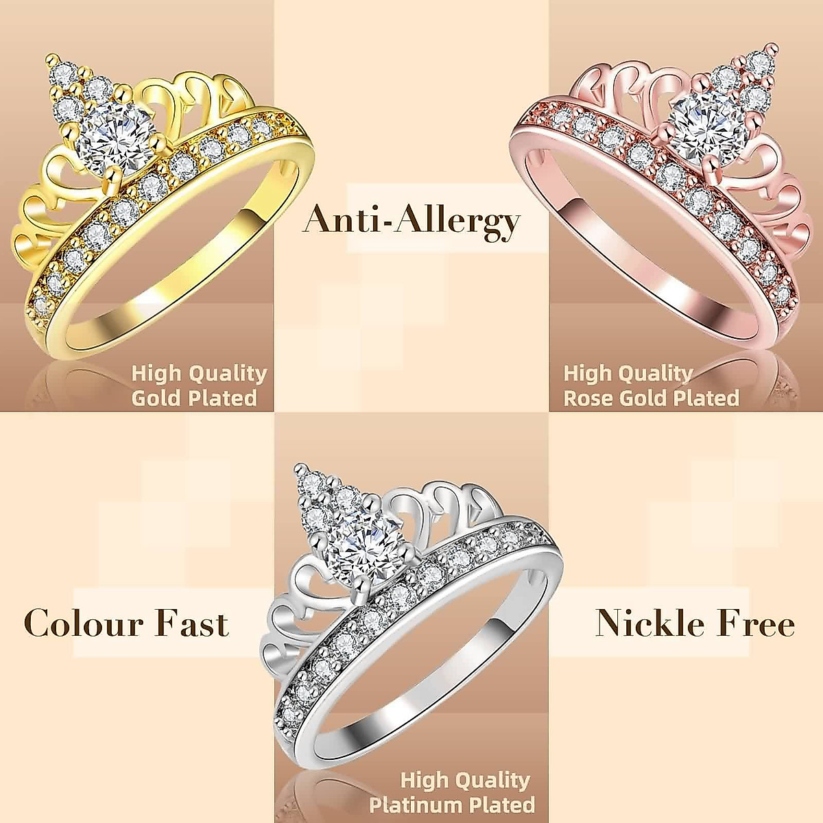 Fashion Rings for Women, Gold Wedding Rings Cubic Zirconia Tiara Princess Queen Best Friend Promise Gifts Size 8