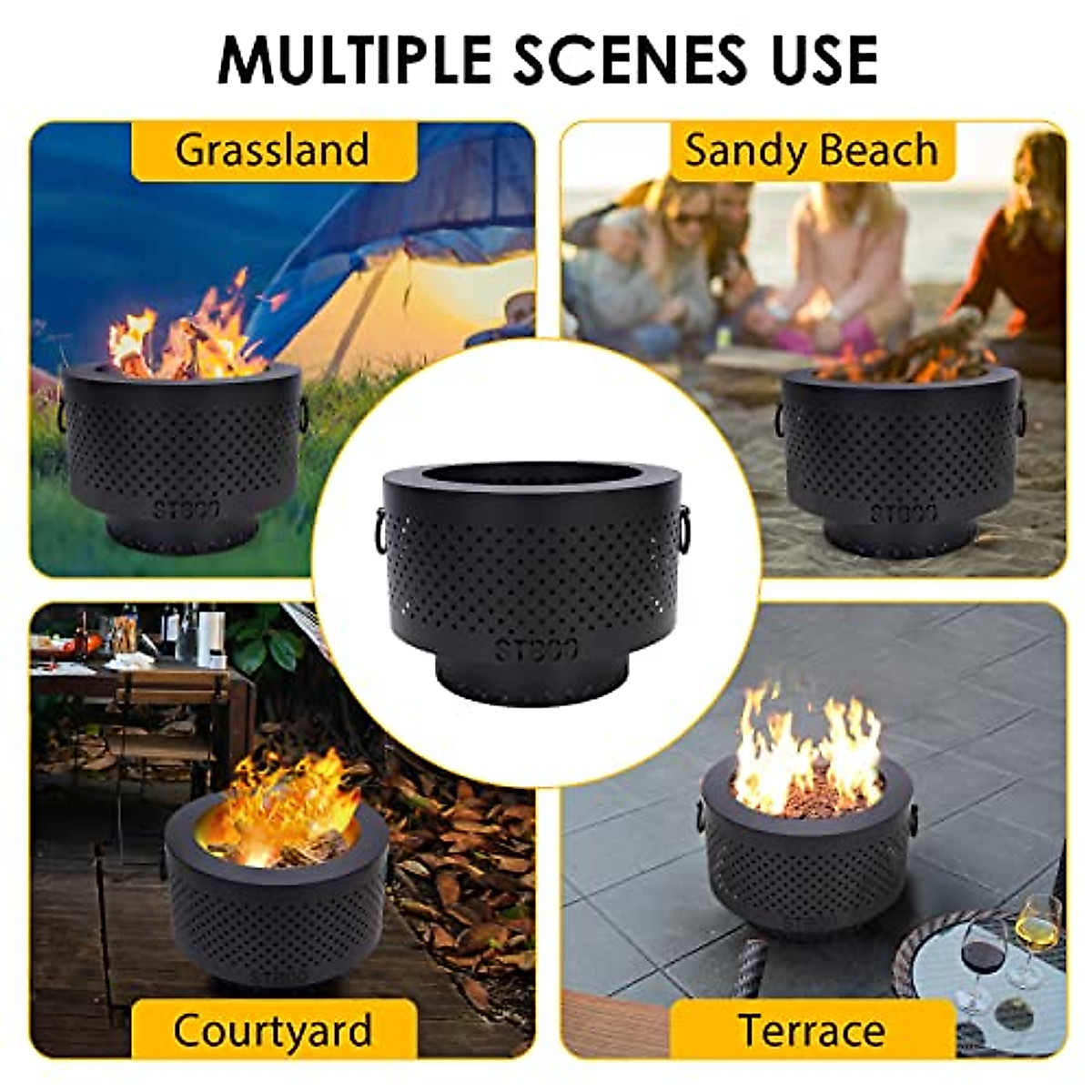 STBoo 13 Inch Smokeless Fire Pits for Outside with Portable Carrying Storage Bag, Smokeless Camping Stove, Low Smoke Outdoor Fireplace for Bonfire Picnic Backyard Cooking on Beach, Black, S