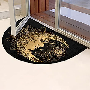 Apular Half Round Door Mat Indoor Entrance,Boho Crescent Moon Sun Mandala Non Slip Bath Rug, 24 x 36 Wear Resistant Semi Circle Floor Mats Area Rugs