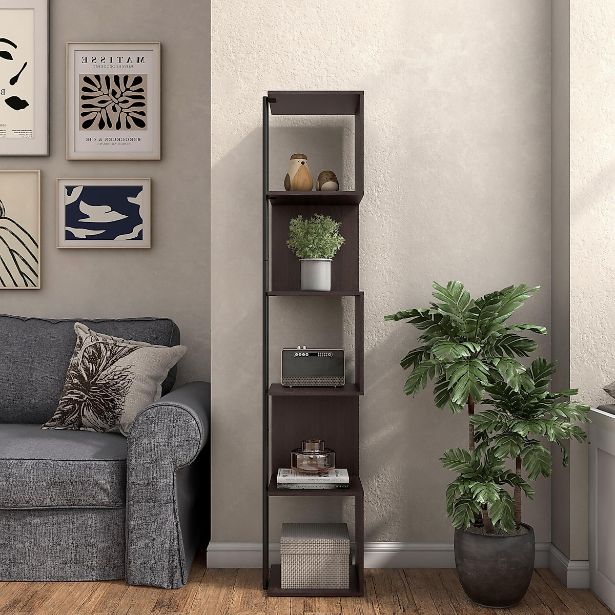 HOMES: Inside + Out Svenja Modern Style 60 in. Tall Corner Book Shelf Stand, 5 Tier Shelving Unit with Circular Metal Support, Living Room Bedroom Decor Aesthetic Wall Accessories, Espresso