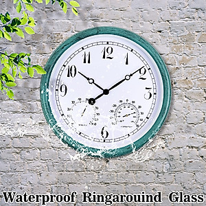 15 Inch Indoor/Outdoor Waterproof Wall Clock, Outdoor Clock with Thermometer and Hygrometer Combo, Retro Round Silent Battery Operated Quartz Wall Clock for Patio Home Bathroom Porch Pool (Green)