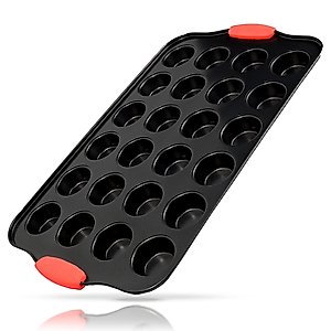NutriChef 24 Cup Muffin Non Stick Baking Pan with Red Silicone Handles, Attractive Gray Carbon Steel Bake Pan, Commercial Grade Restaurant Quality Metal Bakeware