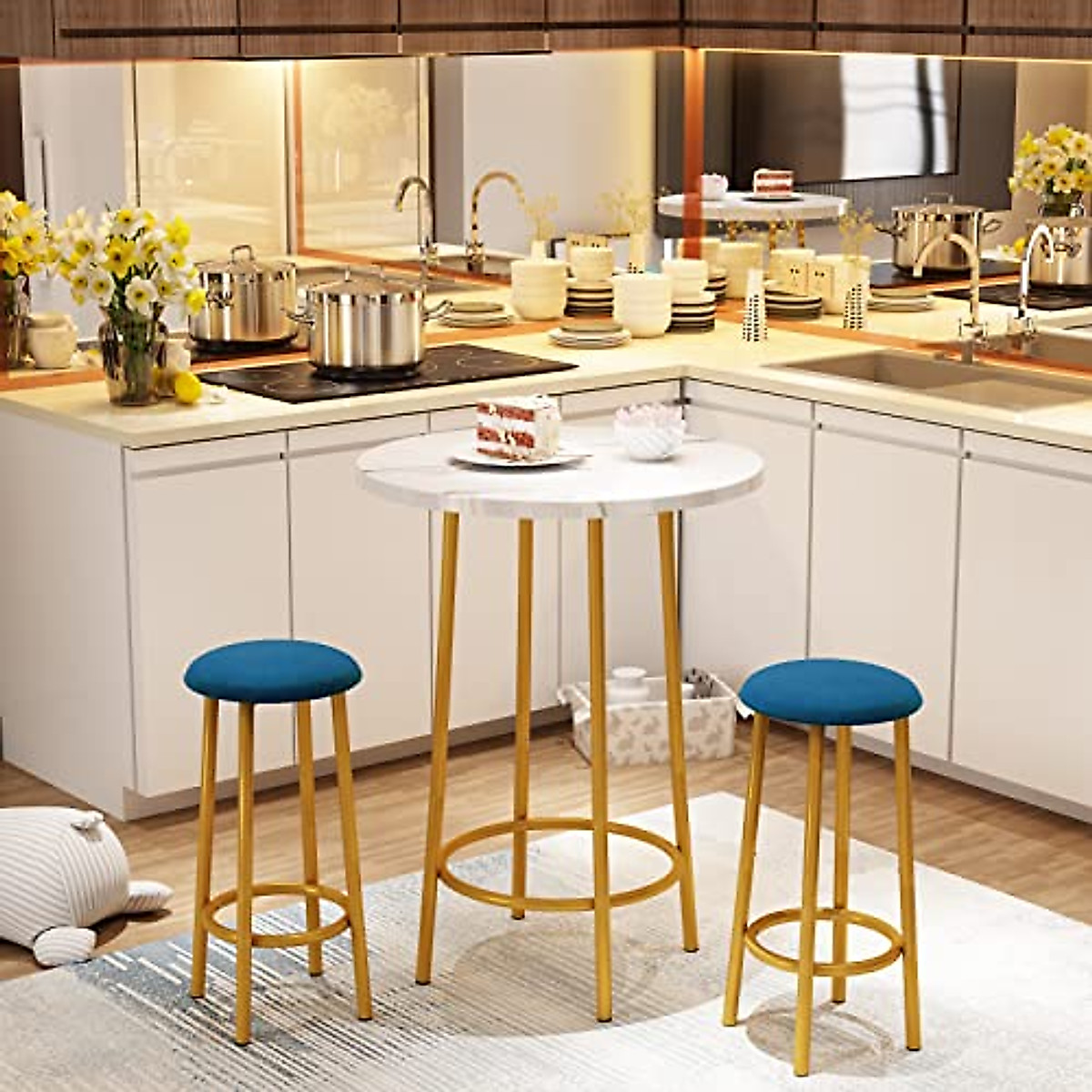 DKLGG 3 Piece Bar Table Set, Small Kitchen Table Set for 2, 24'' Round Pub Height Table Set with Faux Marble Table and 2 Stools Breakfast Nook Dining Table Set for Small Spaces, Dining Room, Blue