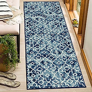 Moroccan Hallway Runner Rug,2'X 6' Distressed Washable Area Rug Peacock Blue Non-Slip Kitchen Mat Faux Wool Low-Pile Floor Carpet for Kitchen Laundry Bedroom Bathroom Living Room