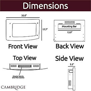 Cambridge Callisto 35 In. Curved Electric Wall Mounted Fireplace Heater with Flame Crystal Rock Display, Adjustable Heat, Remote - CAM35WMEF-1BLK