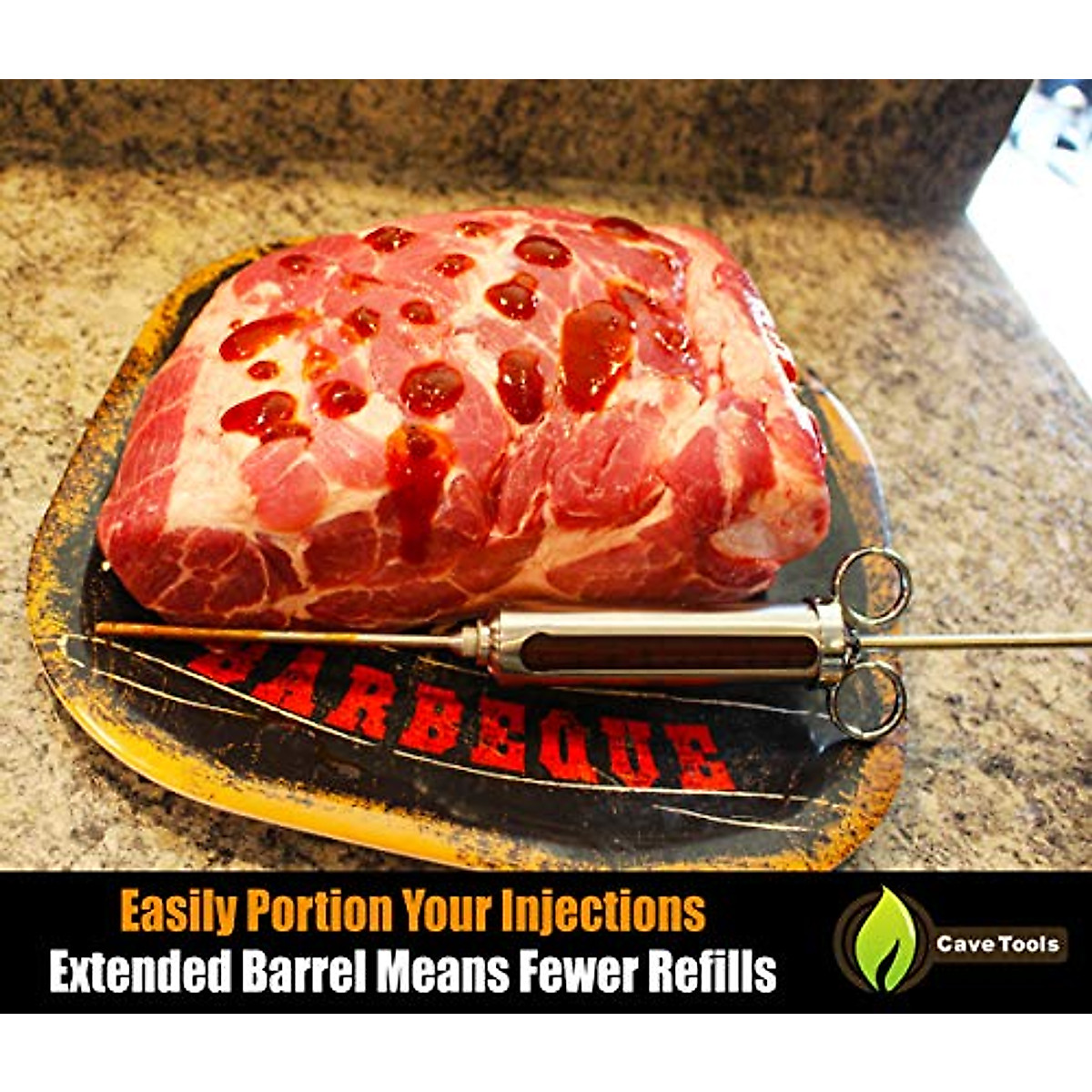 Cave Tools 2.3-oz Stainless Steel Meat Tenderizer Injection Syringe Kit with 3 Precision Marinade Injectors - BBQ Grill and Smoker Accessories