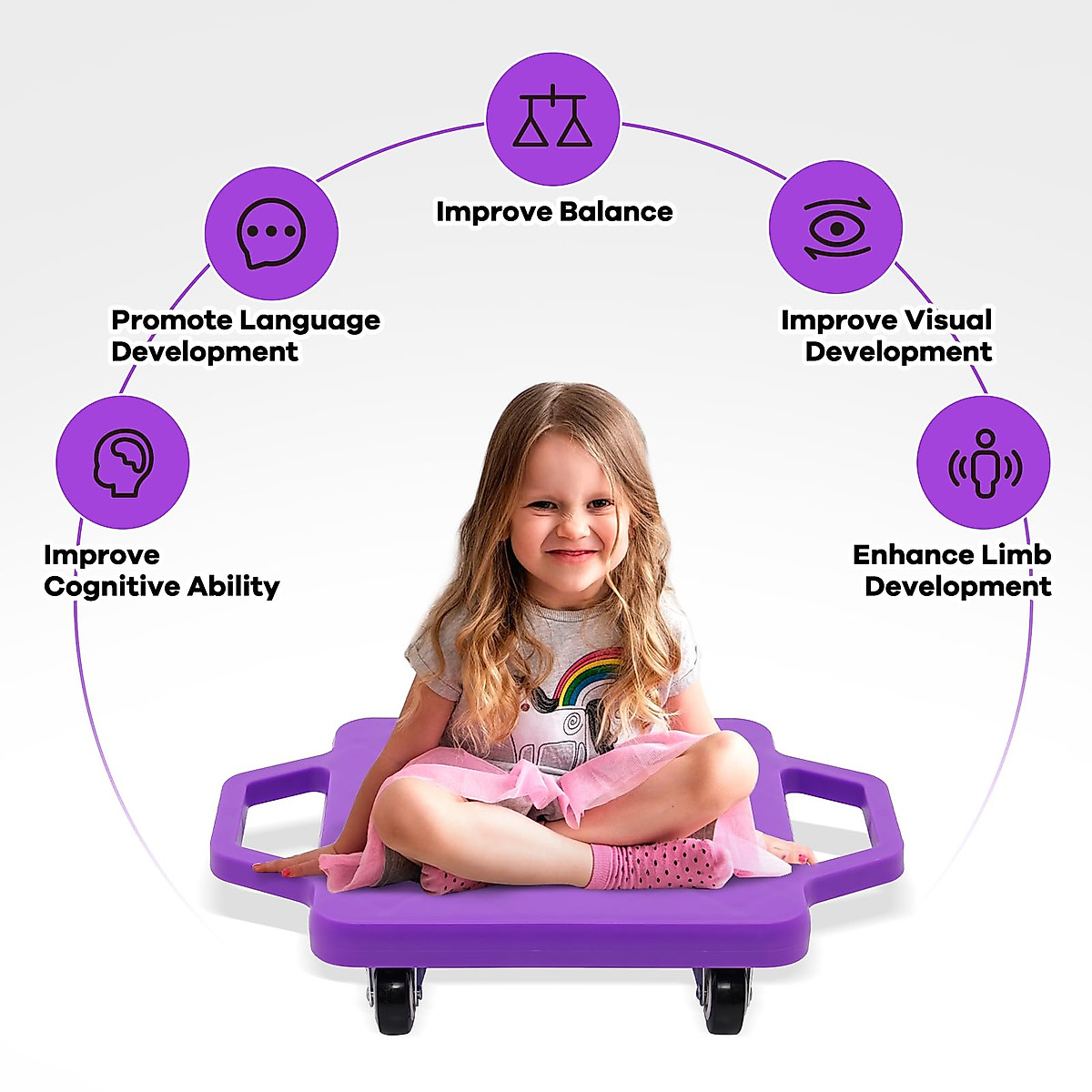 Kids Sitting Scooter Board with Universal Wheels Safety Plastic Scooter for Kids Ages 6-12 Manual Sport Scooters with Handles for Gym Class(Pueple)