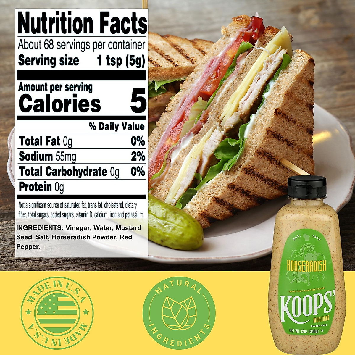 Koops' Horseradish Mustard – Bold and Zesty Horseradish Sauce, Gluten-Free, Kosher, Made in USA, From Quality Mustard Seeds – 12 Oz, Pack of 2