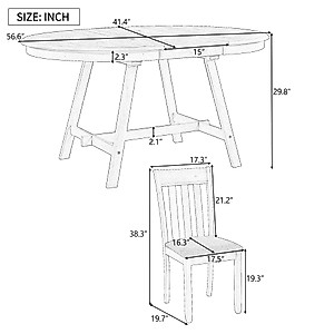 P PURLOVE Extendable Dining Table Set for 4 Persons, 5 Piece Round Dining Table Set with Extendable Dining Table and 4 Upholstered Dining Chairs for Kitchen Dining Room